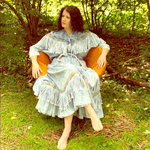 Vintage | Dresses | Vintage Denim Fringe Acid Washed Dress L | Poshmark